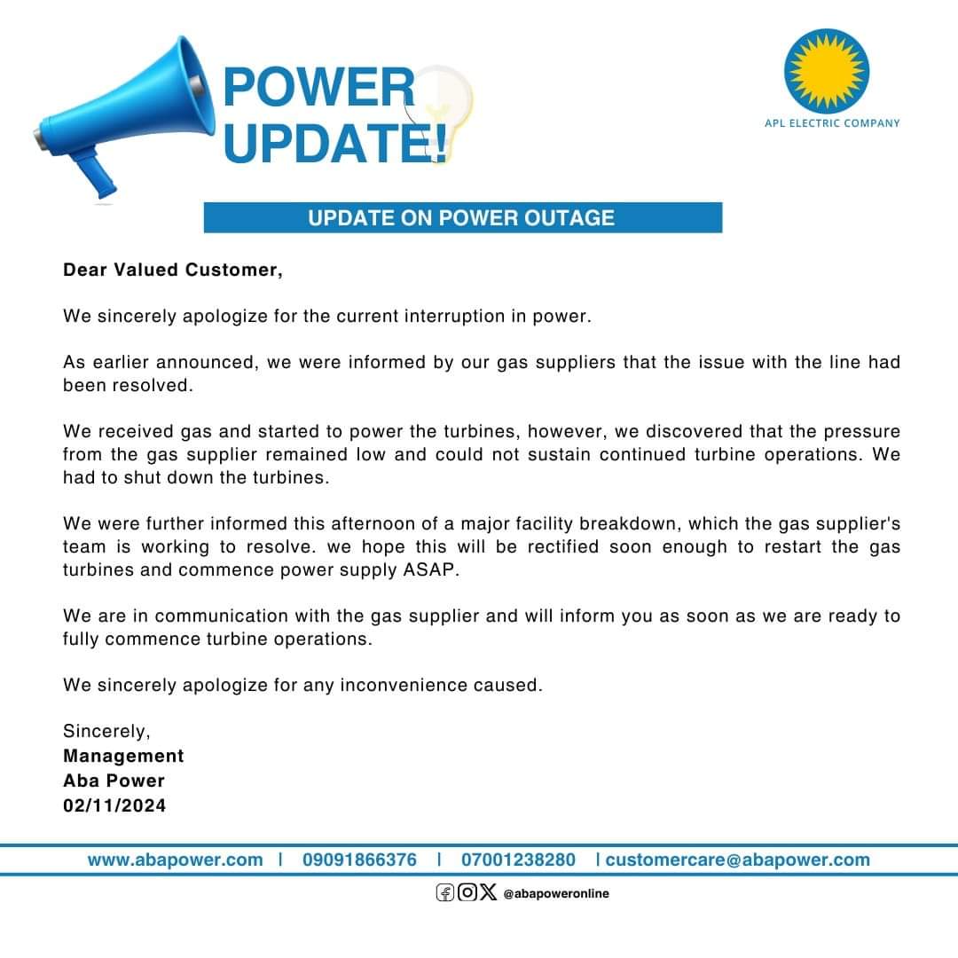 Aba Power Explains Extended Power Outage Amid Gas Supply Issues - Newsmaxng